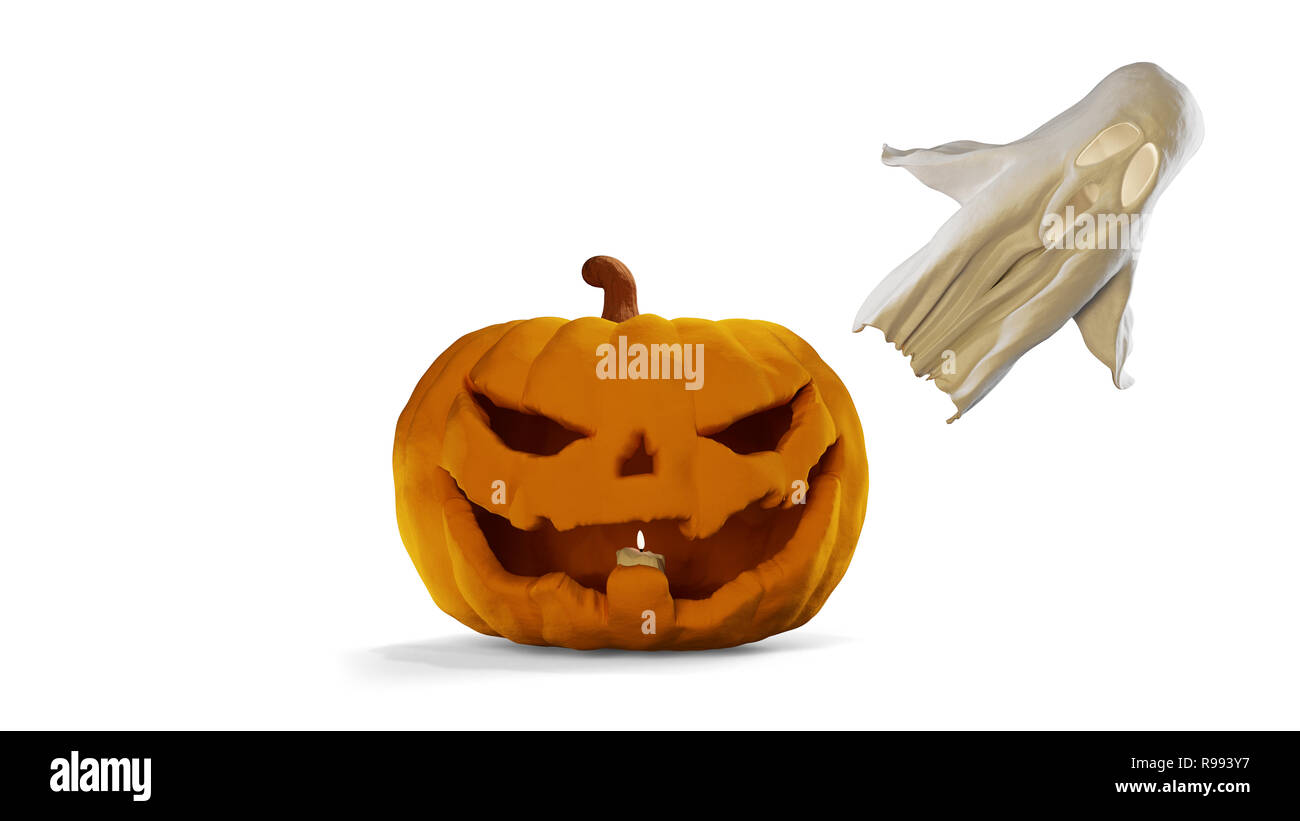 Halloween pumpkin and ghost 3d-illustration Stock Photo - Alamy