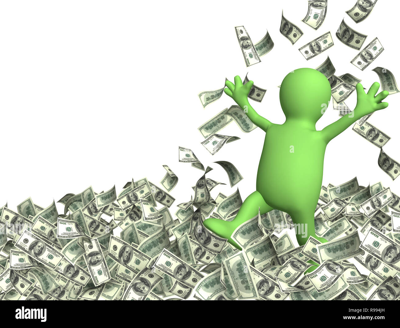 Happy puppet and a money rain. Isolated over white Stock Photo - Alamy