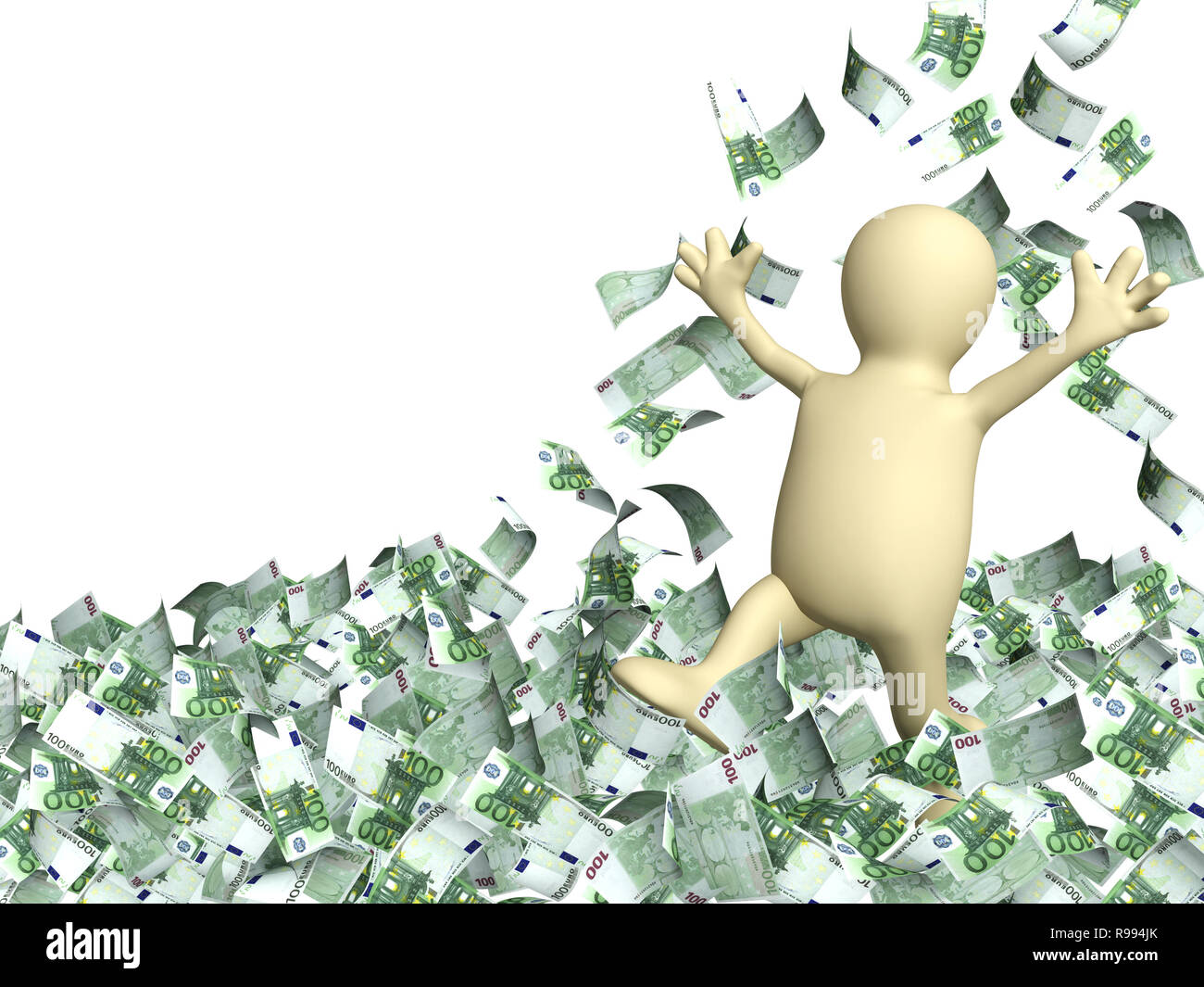 Happy puppet and a money rain. Isolated over white Stock Photo - Alamy