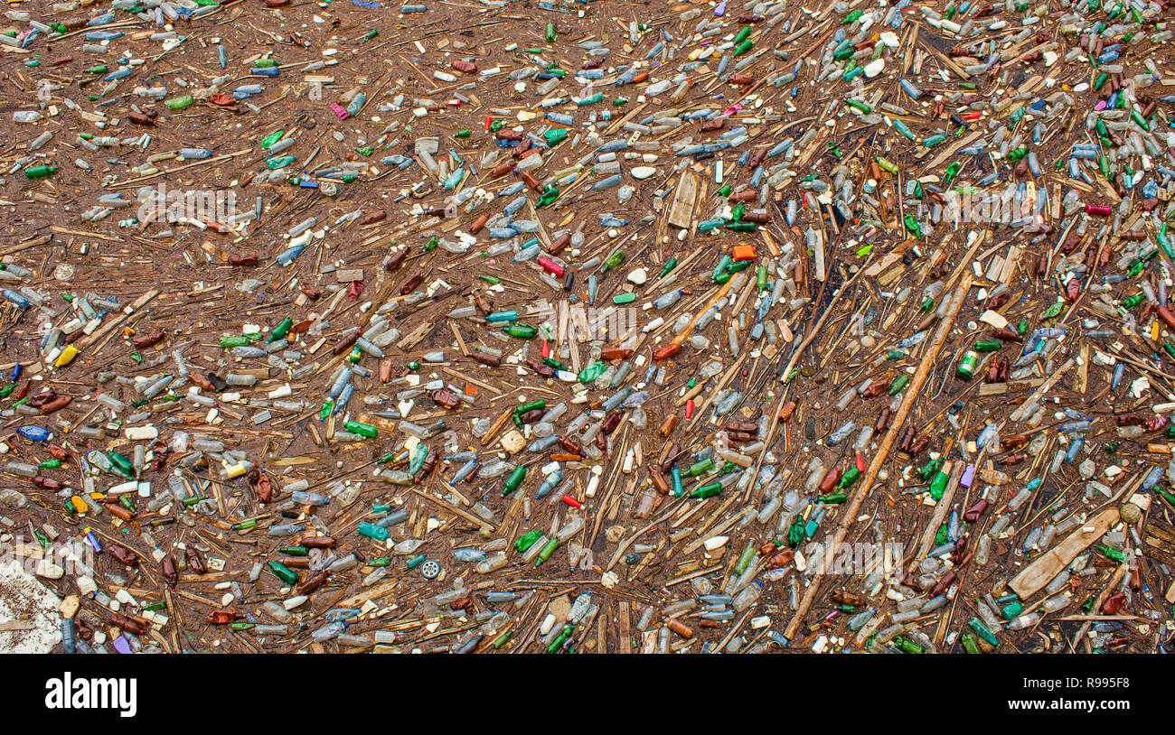 lake pollution with plastic bags and toxic waste in the water Stock ...