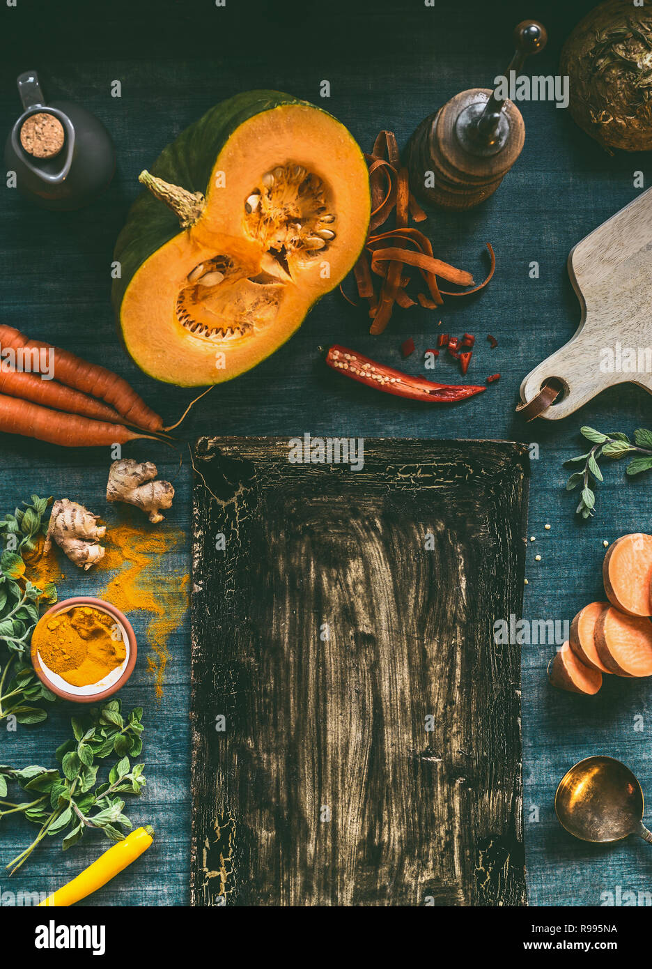 Food background frame with pumpkin and orange color vegetables on ...