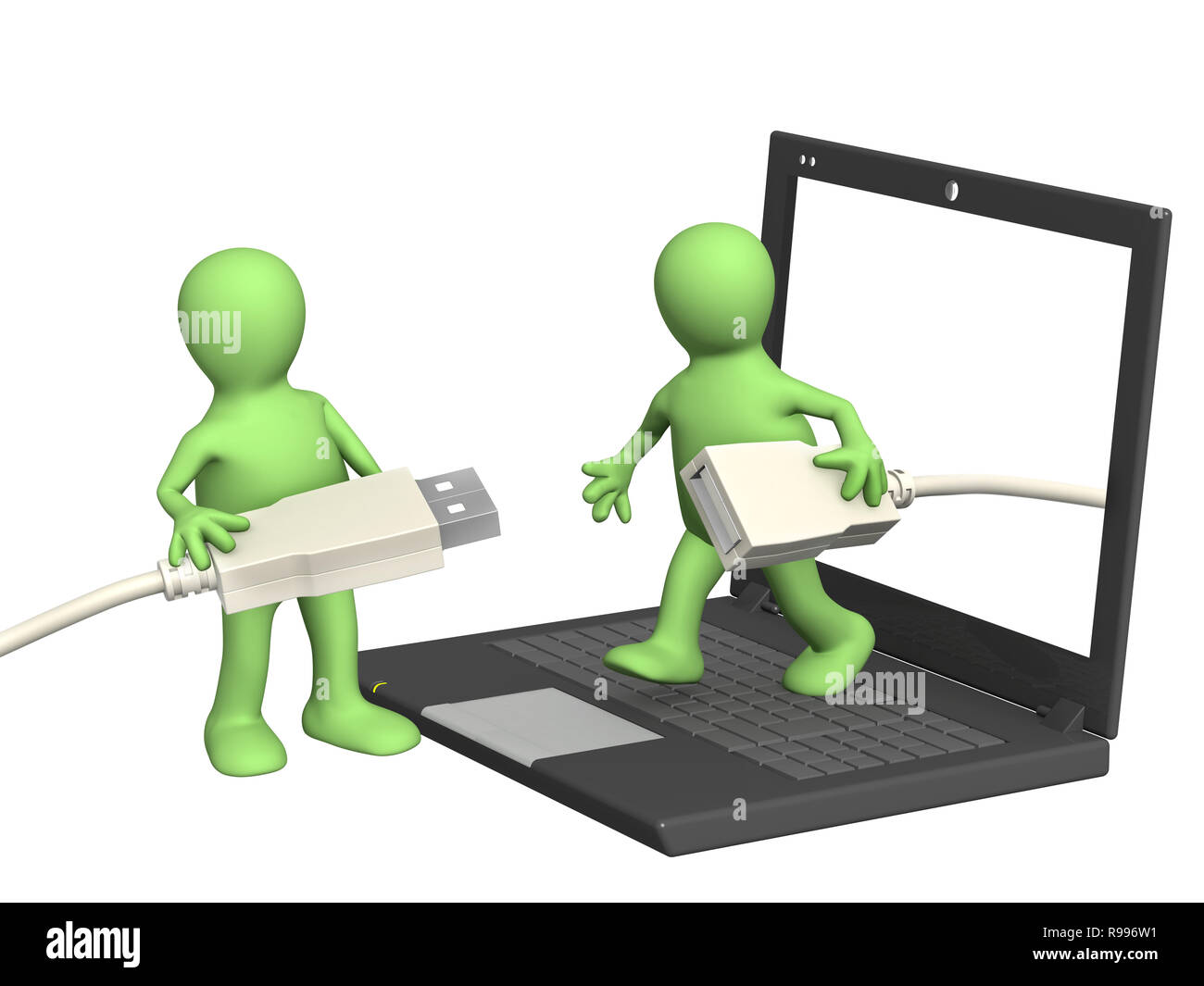 3d puppets with laptop and usb cables. Isolated over white Stock Photo ...