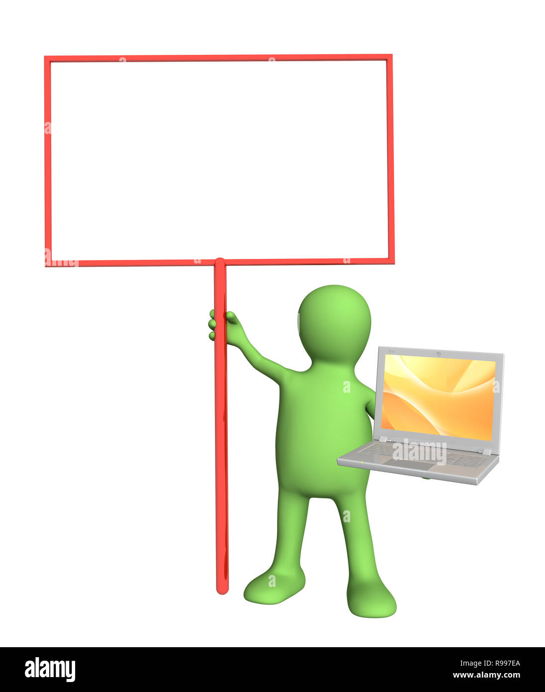 3d puppet with information board and laptop. Isolated over white Stock ...