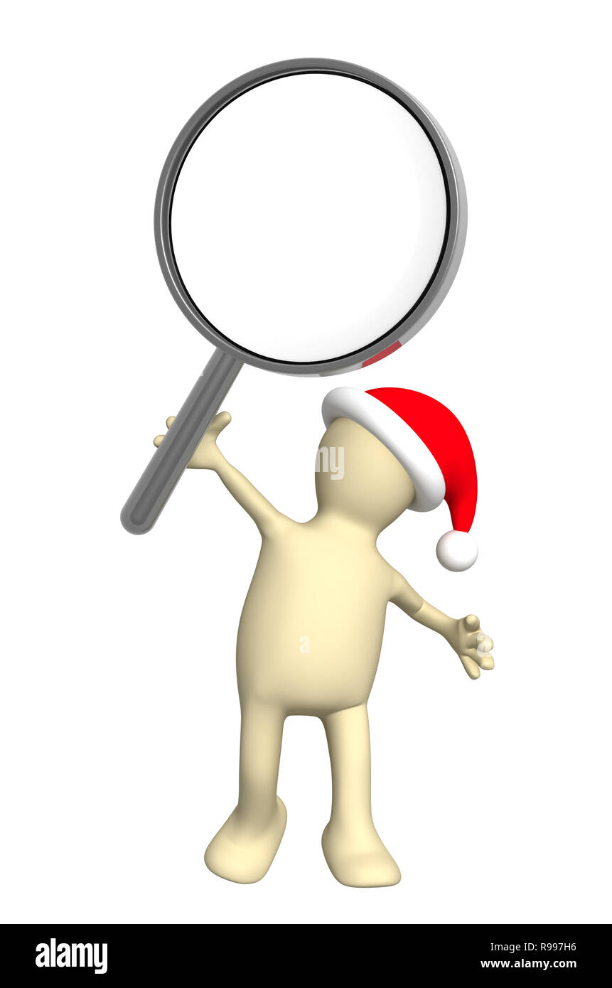 3d puppet in christmas hat with loupe. Isolated over white Stock Photo ...
