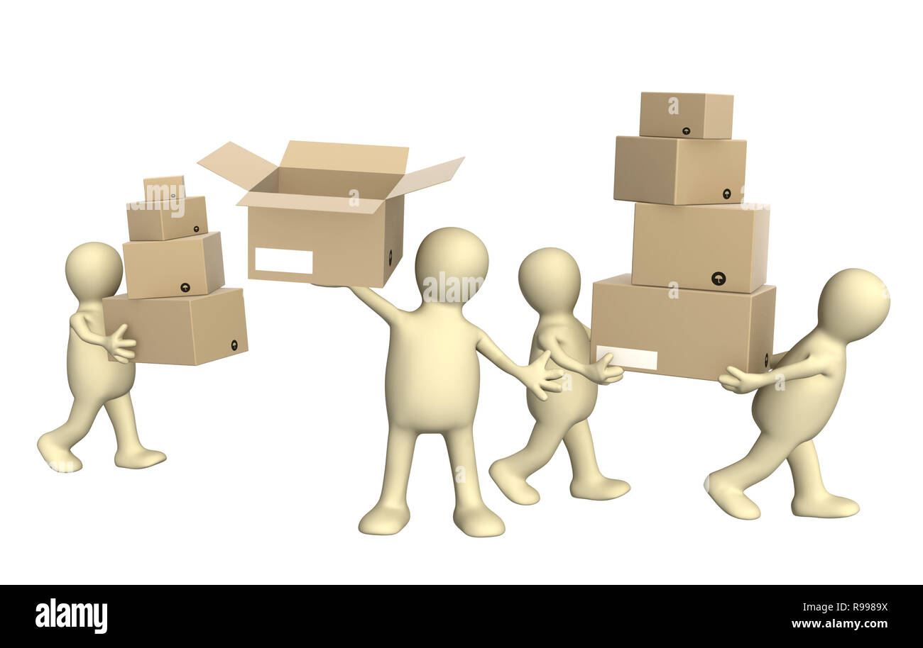 Four puppets with boxes. Isolated over white Stock Photo - Alamy