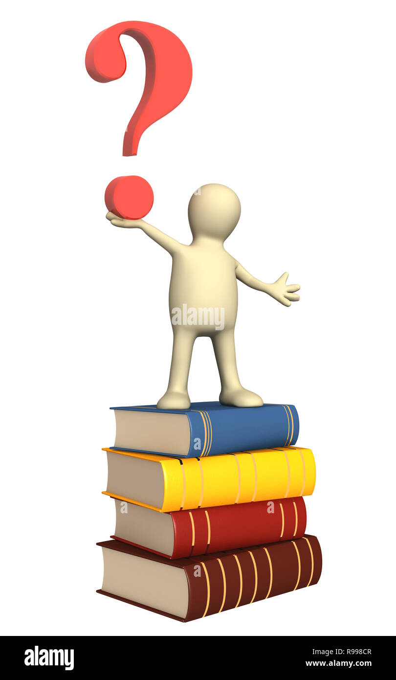3d puppet with books and question mark. Isolated over white Stock Photo ...