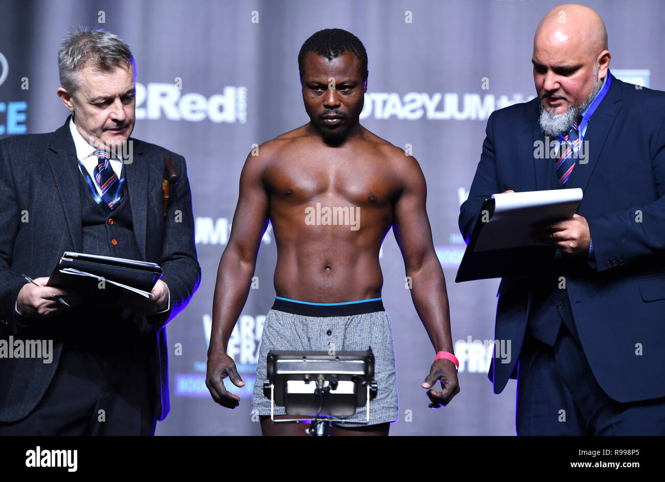 Issac Quaye during the weigh in at Manchester Central Stock Photo - Alamy