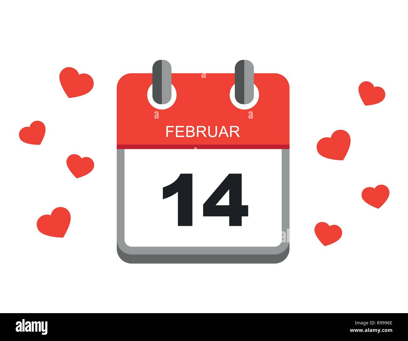 valentines day red calendar icon vector 14th february with hearts ...