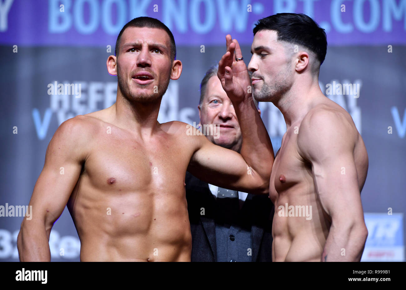 Liam Williams (left) and Mark Heffron during the weigh in at Manchester ...