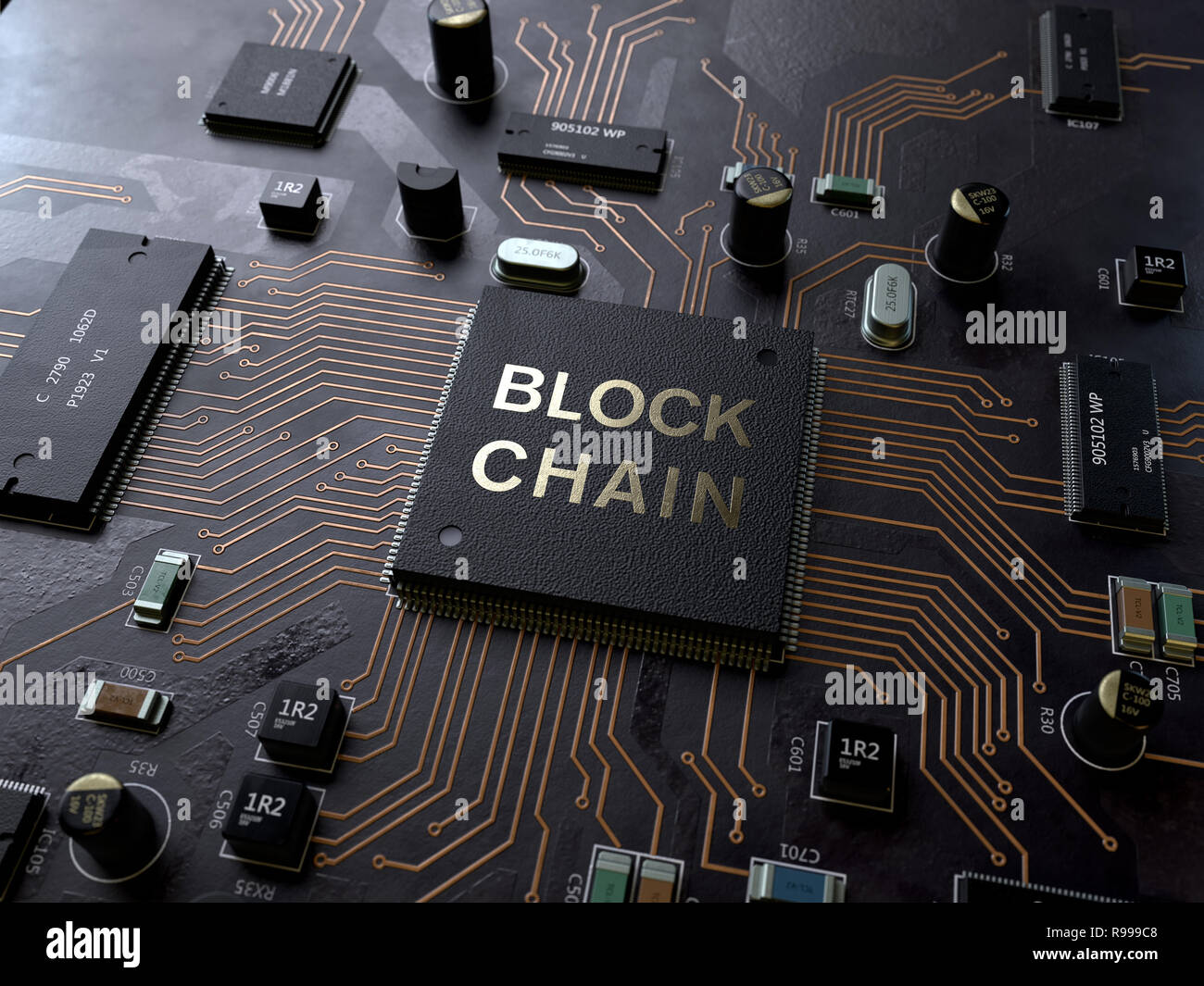 Blockchain Technology Concept On Circuit Board3d Renderingconceptual