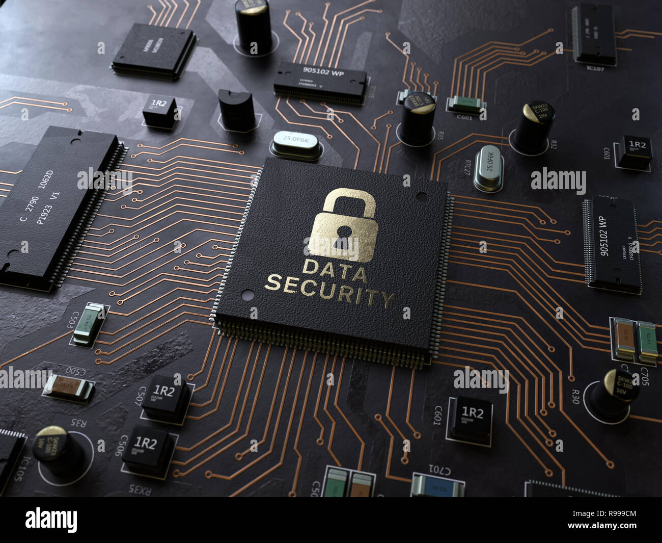 security lock symbol on circuit board.3d rendering,conceptual image ...