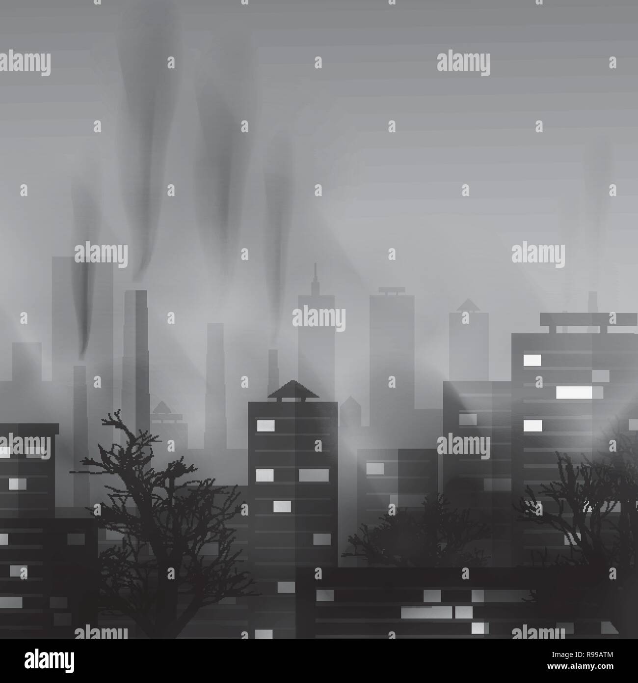 Smog polluted urban landscape. Highly polluted city with factory plants ...