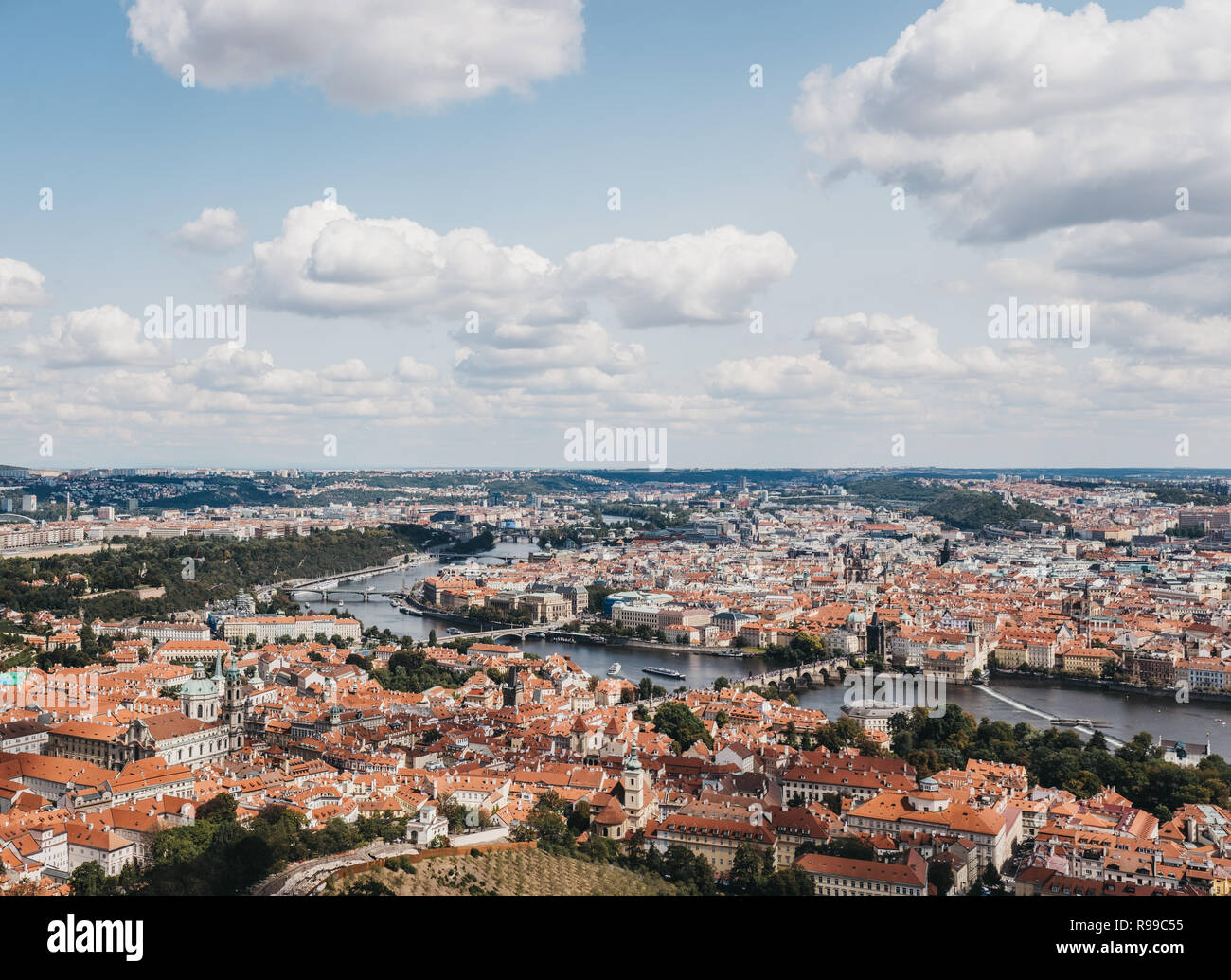 Aerial view of Prague rooftops and skyline and castle from the viewing ...