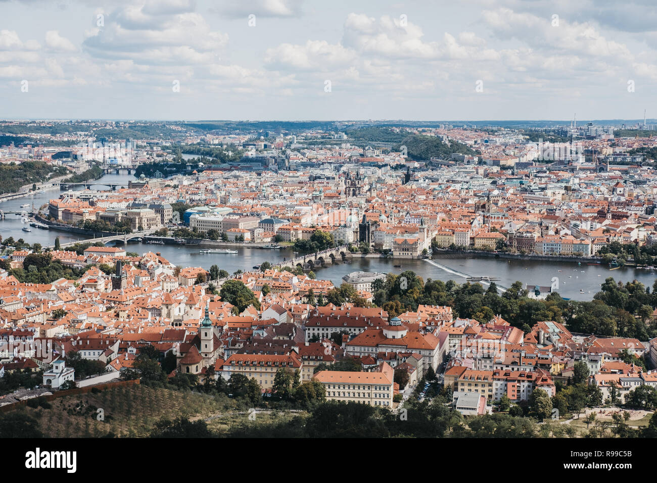 Aerial view of Prague rooftops and skyline and castle from the viewing ...