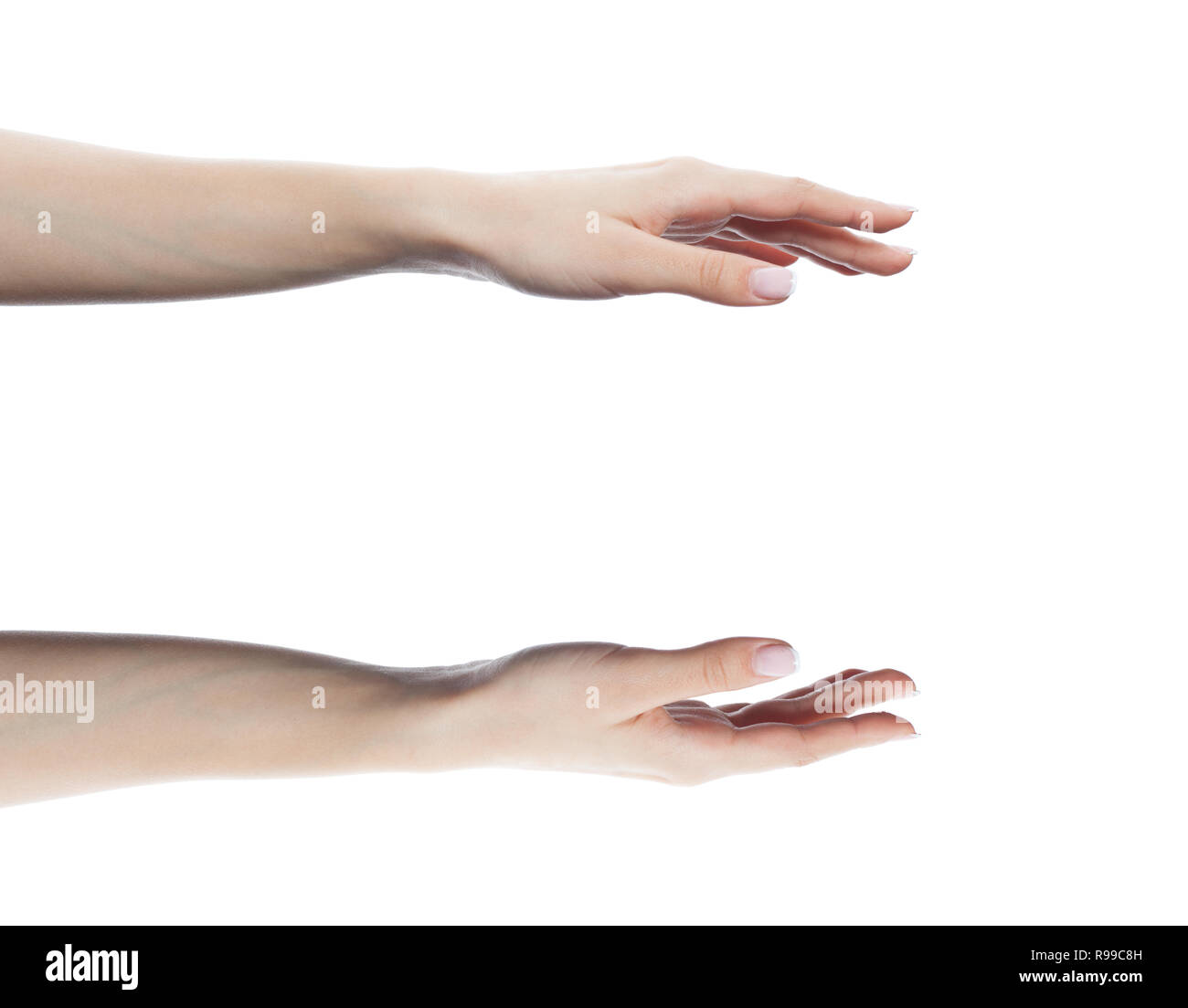 Two empty female hands measuring something isolated on white Stock ...