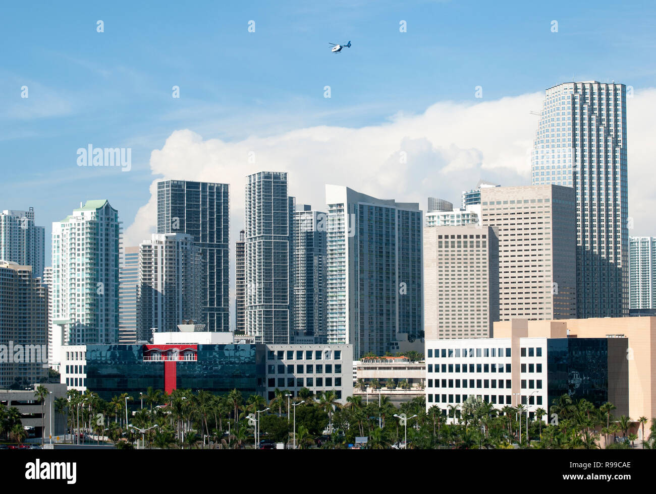 The helicopter flying over Miami downtown skyscrapers (Florida Stock ...