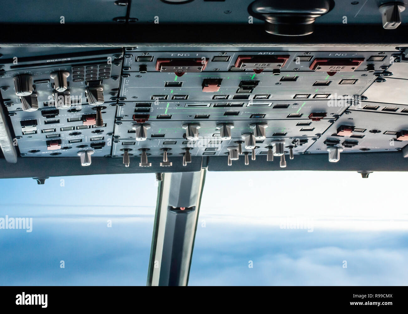 Military plane interior of pilot cabin. Airplane control panel Stock ...