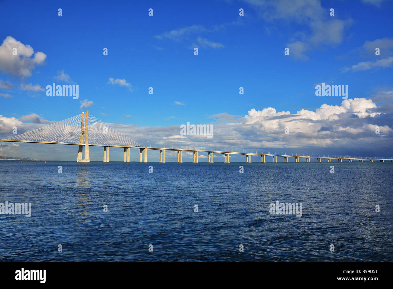 Vasco da Gama bridge over Tagus river seen from Park of Nation ,Lisbon ...