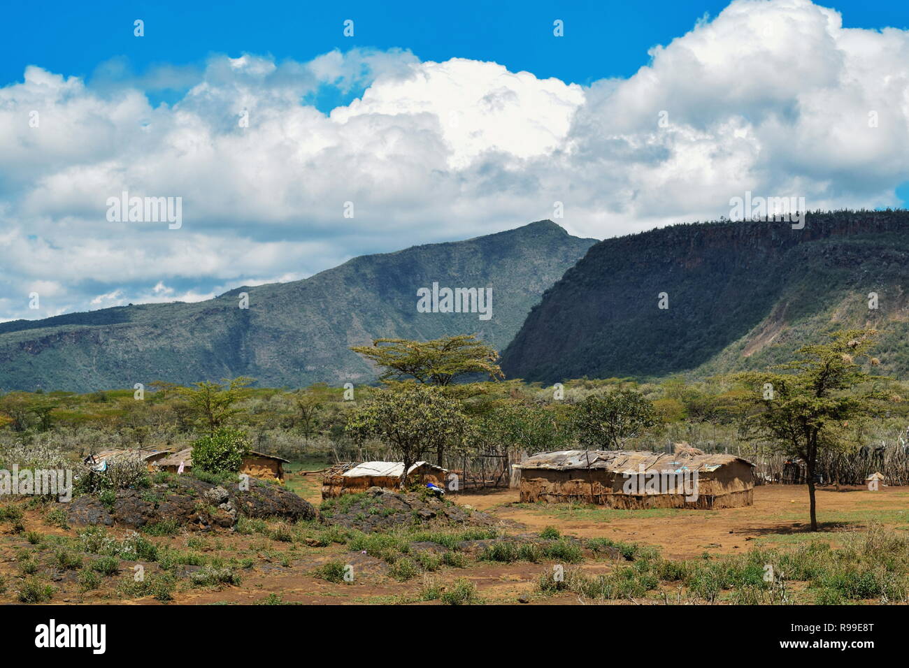 Traditional Masai homesteads at the foothills of Mount Suswa, Rift ...