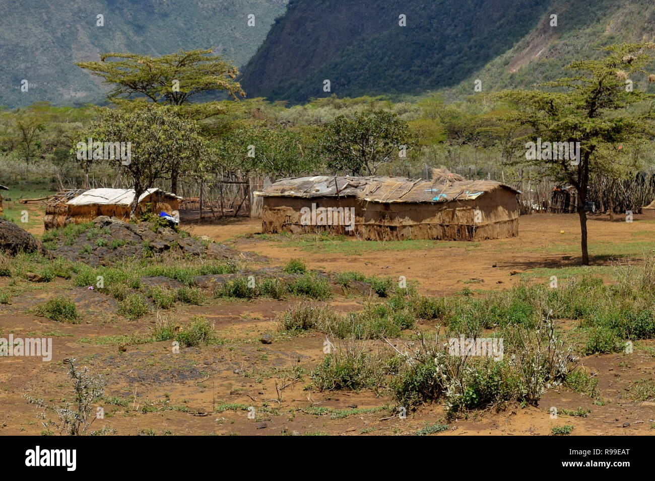 Traditional Masai homesteads at the foothills of Mount Suswa, Rift ...