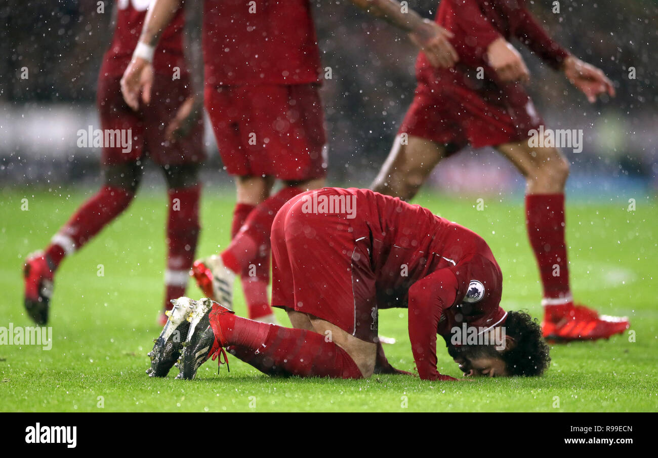 Liverpool's Mohamed Salah celebrates scoring his side's first goal of ...