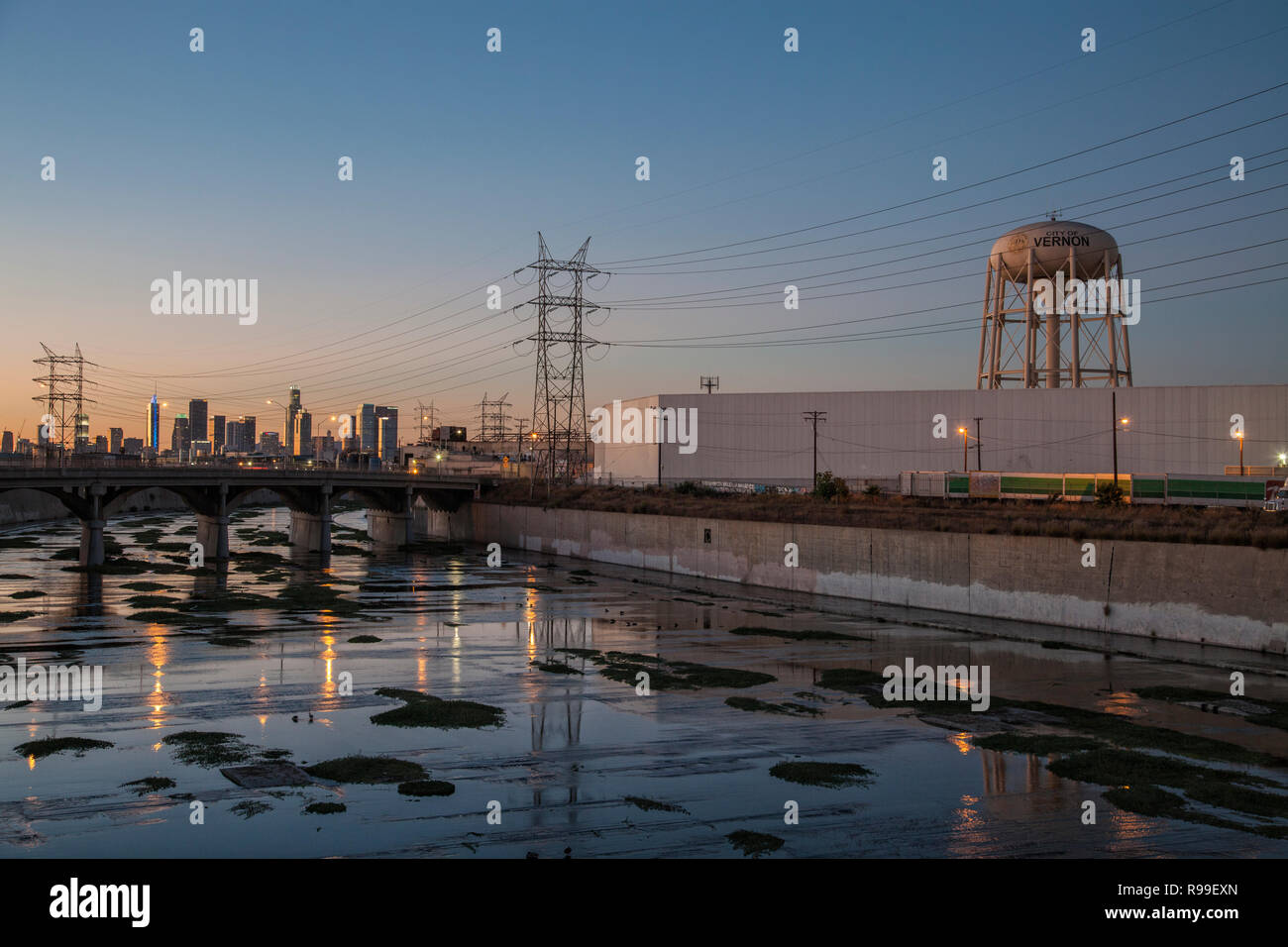 The Los Angeles skyline and Los Angeles River from Vernon, a very ...