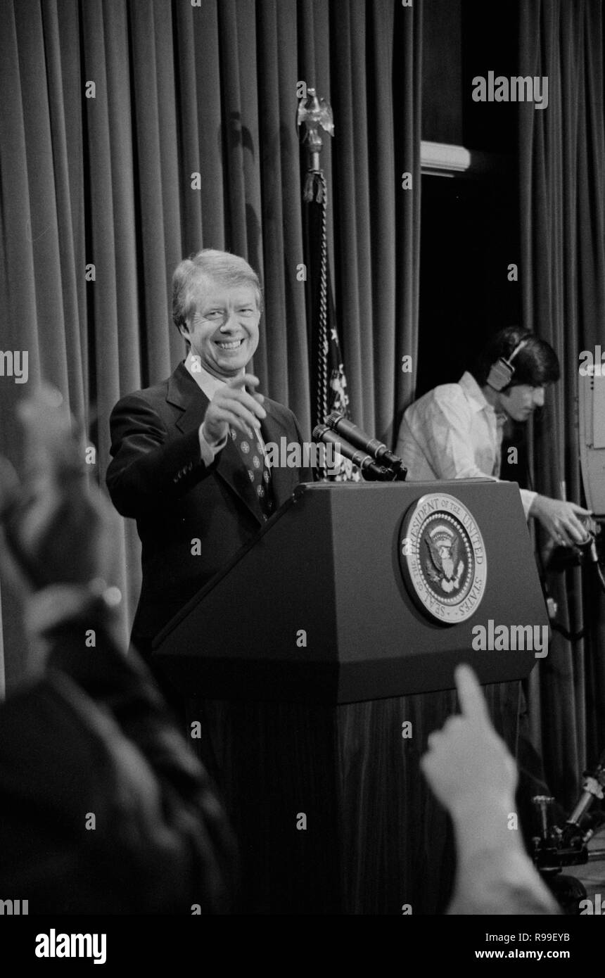 President Jimmy Carter at a press conference, taking a question. 1977 ...