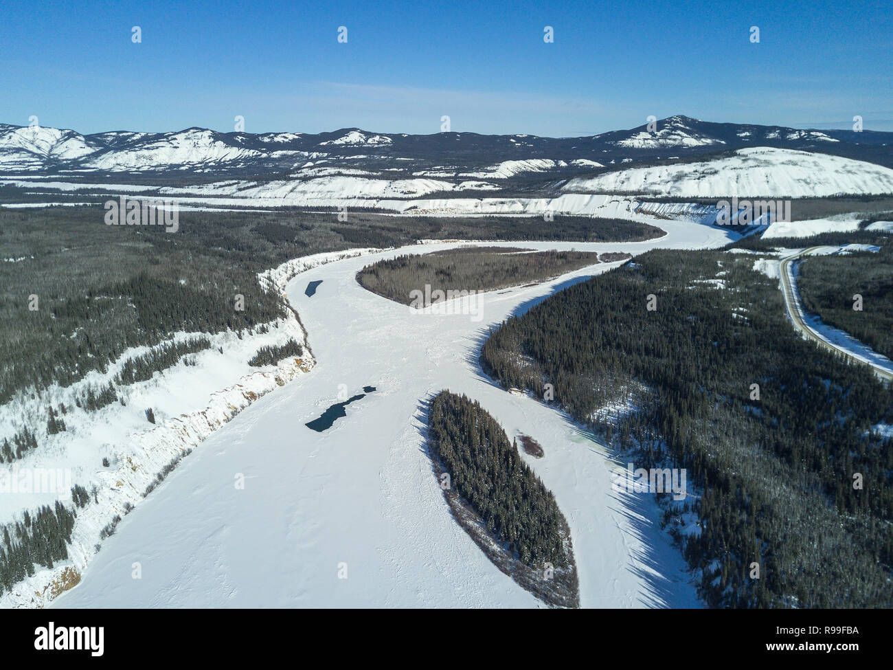 Five Finger Rapids frozen and covered in snow in Yukon, Canada Stock ...