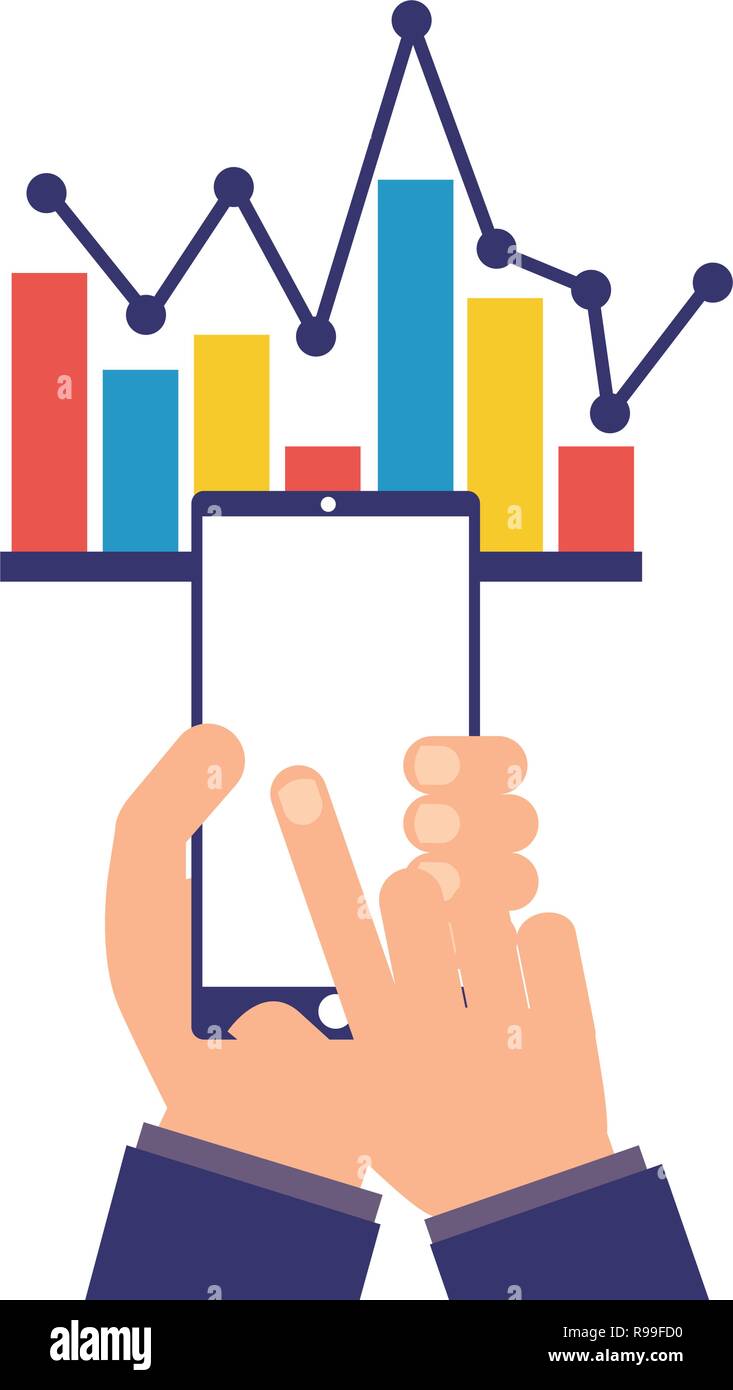 hands with mobile statistics chart report vector illustration Stock ...