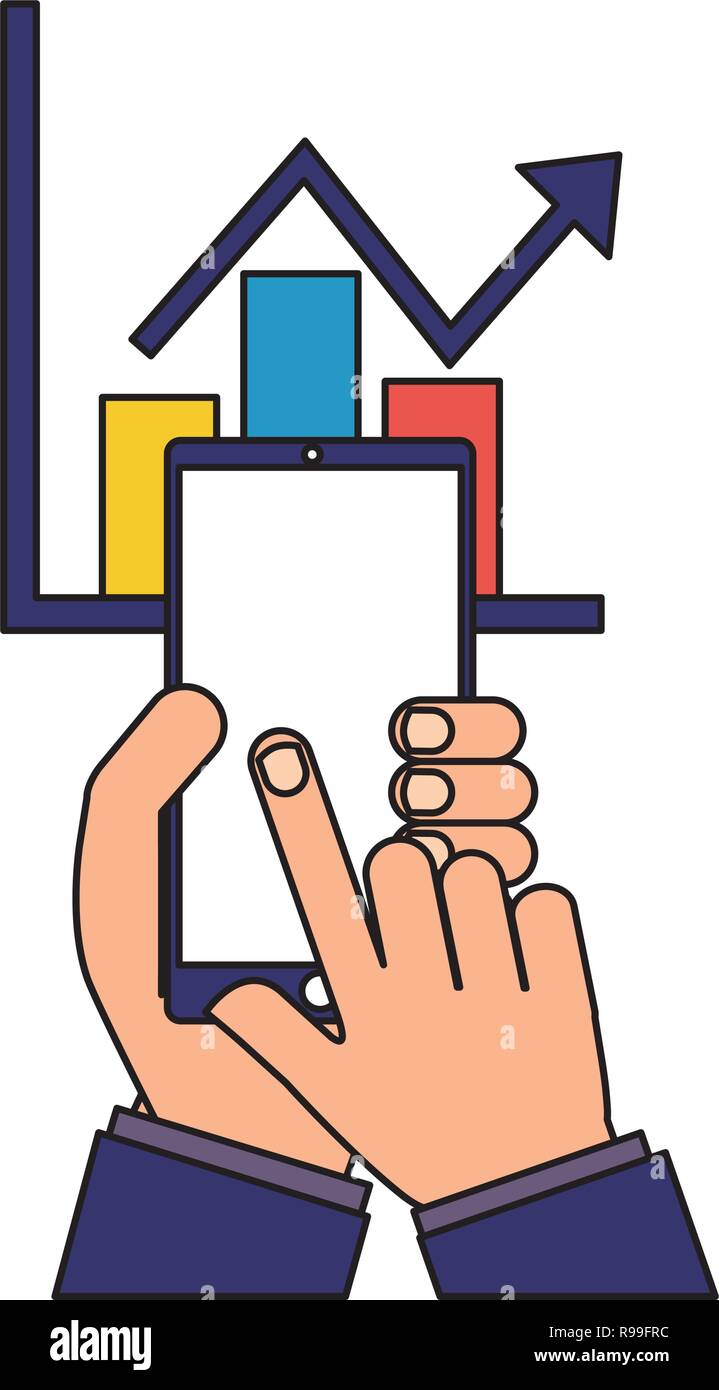 hands with mobile statistics chart report vector illustration Stock ...