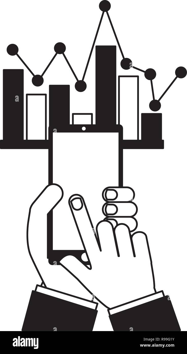 hands with mobile statistics chart report vector illustration Stock ...