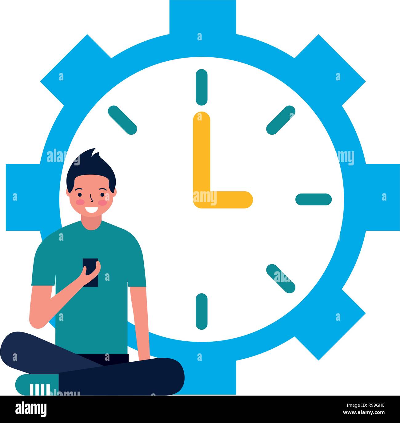 man sitting with mobile and clock daily routine vector illustration ...