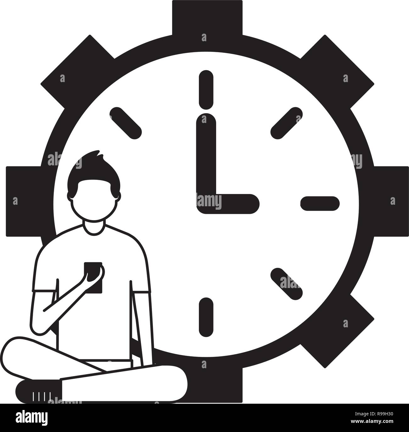 man sitting with mobile and clock daily routine vector illustration ...