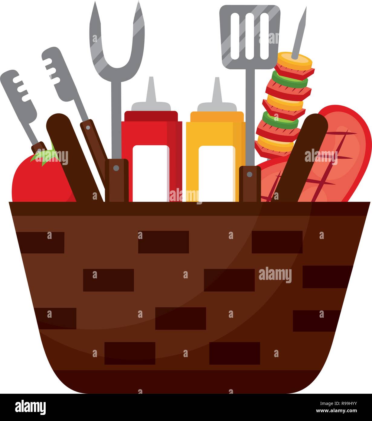 wicker basket barbecue sauces kebab meat vector illustration Stock ...