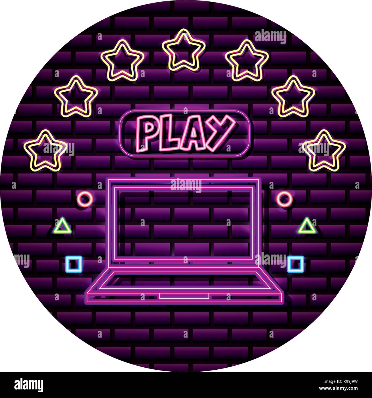 laptop play button neon video game wall vector illustration Stock ...