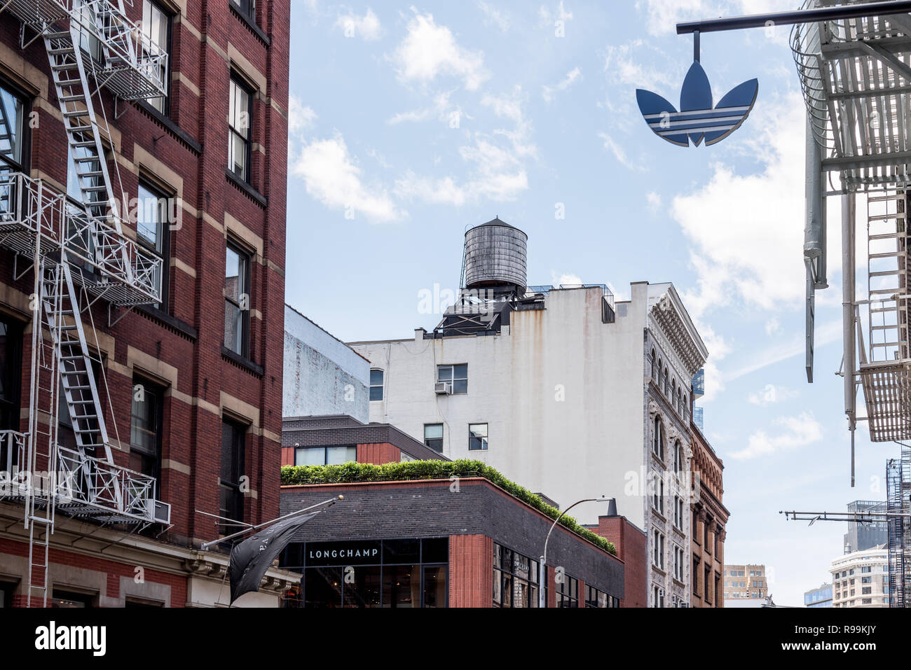 New York City, USA - June 25, 2018: Low angle view of typical buildings ...