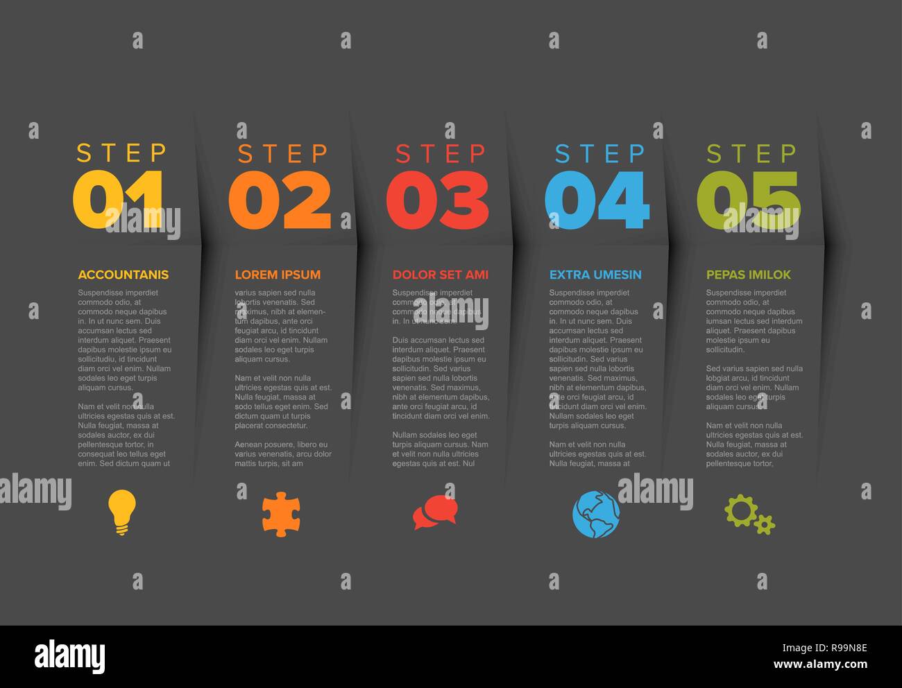 Vector five steps progress template with descriptions and icons - dark ...