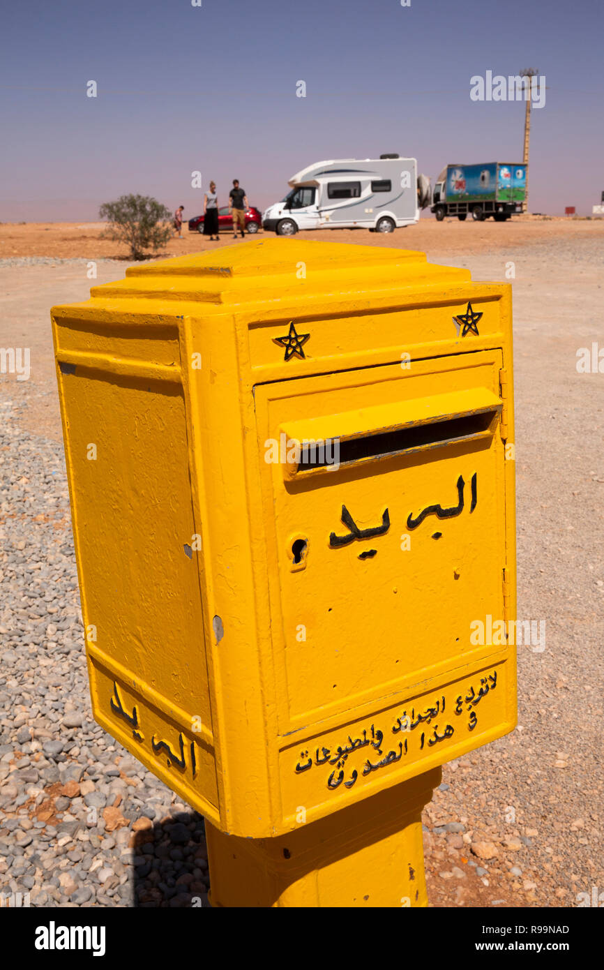 Morocco, Rissani, Maroc Post, postal letter box by side of desert road ...