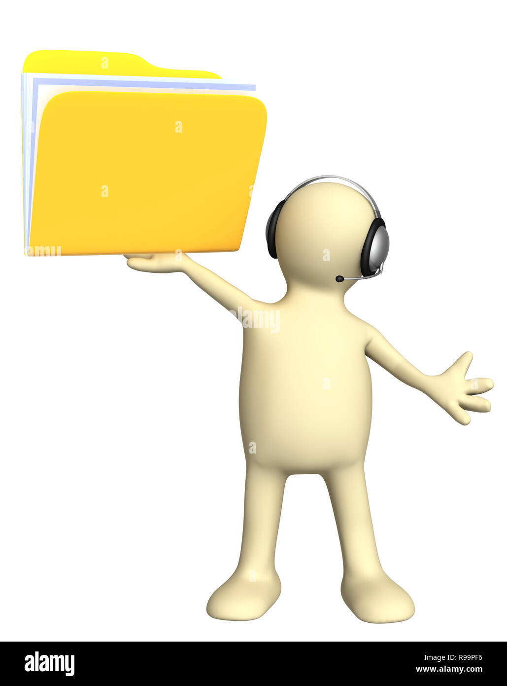 Conceptual image - a support service. Puppet with folder and headset ...