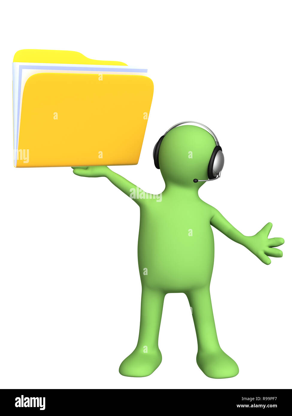 Conceptual image - a support service. Puppet with folder and headset ...