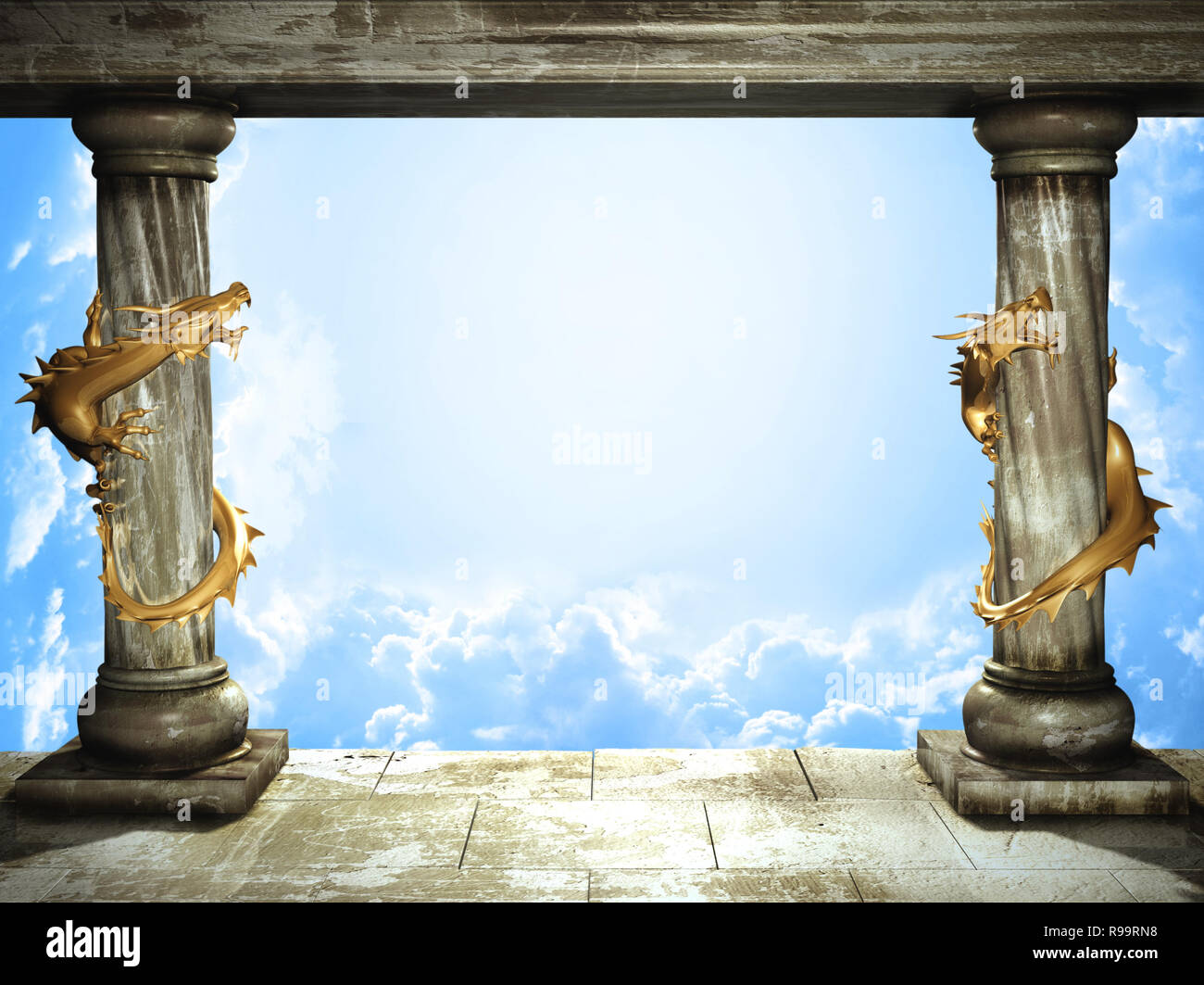 Frame with two medieval columns, golden dragons and clouds Stock Photo ...