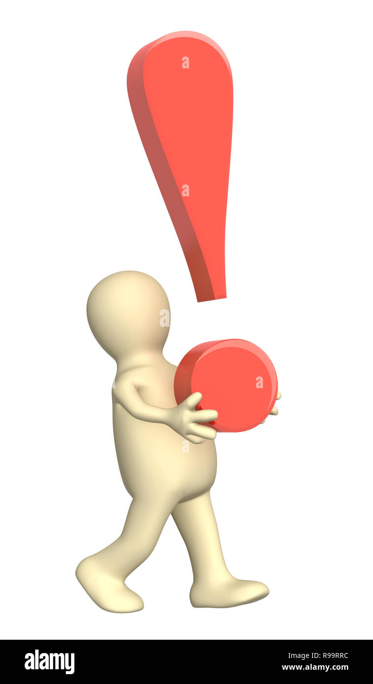 3d puppet with exclamation mark. Isolated over white Stock Photo - Alamy