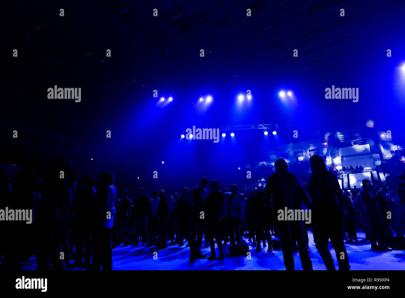 Concert crowd in the rays of blue spotlights. Silhouettes of viewers at ...