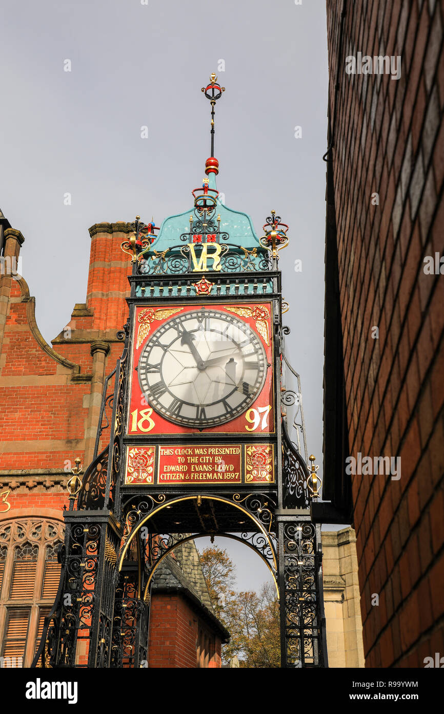 Victorian clock on Newgate, Chester, the County town of Cheshire ...