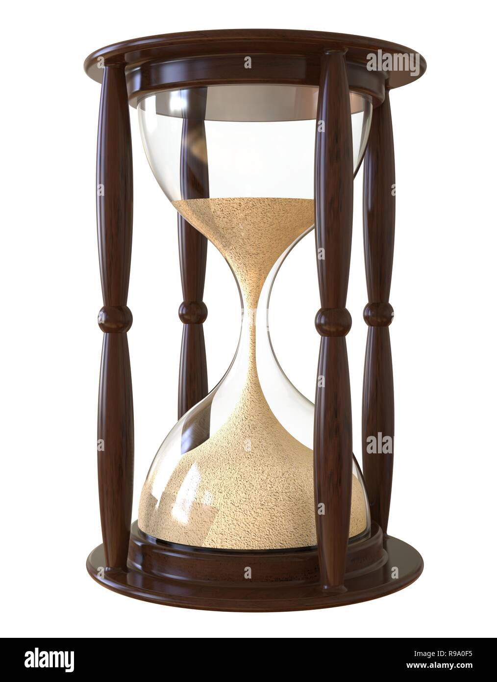 3d illustration hourglass with wooden top and bottom parts isolated on ...