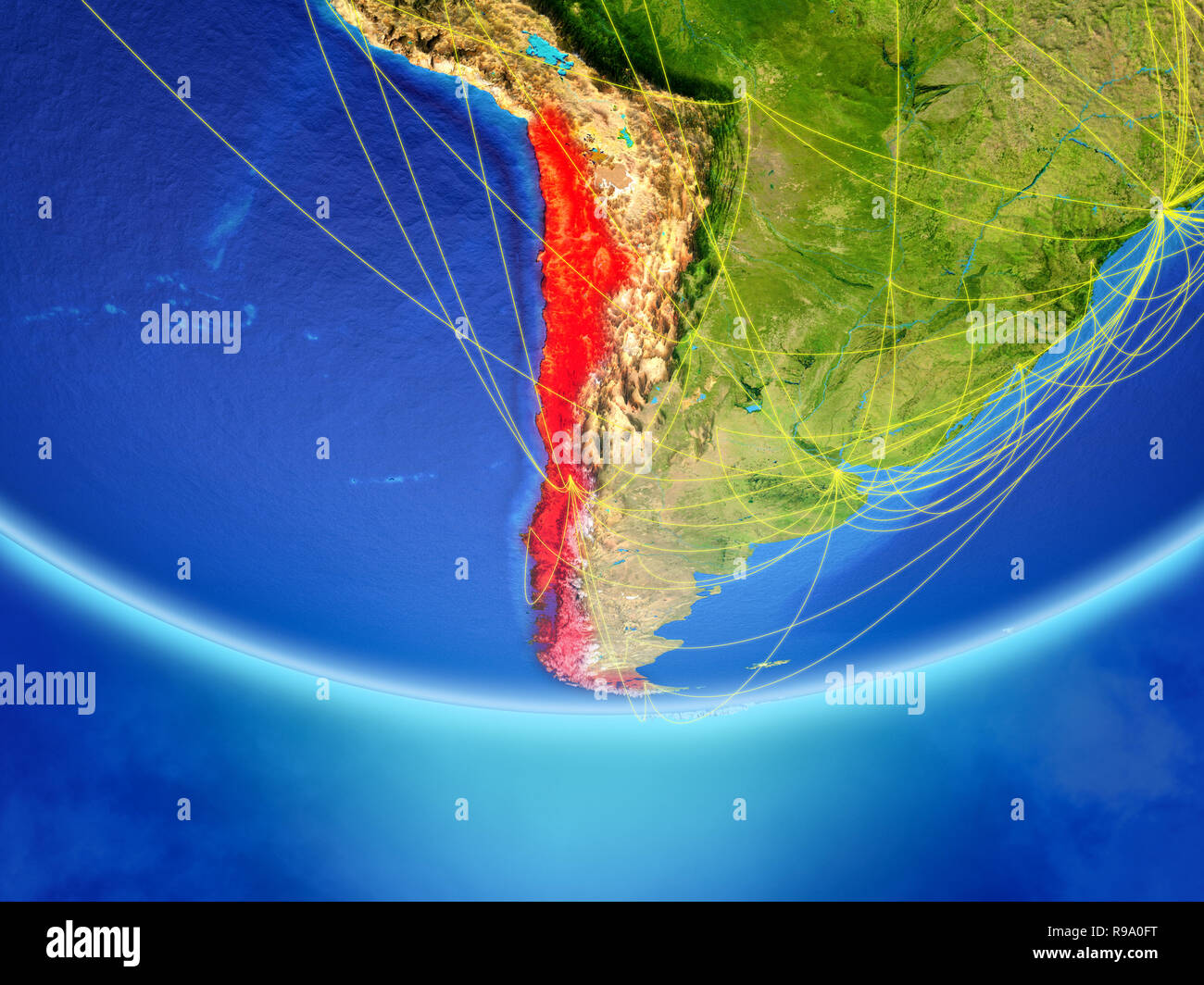 Chile on model of planet Earth with network representing travel and ...