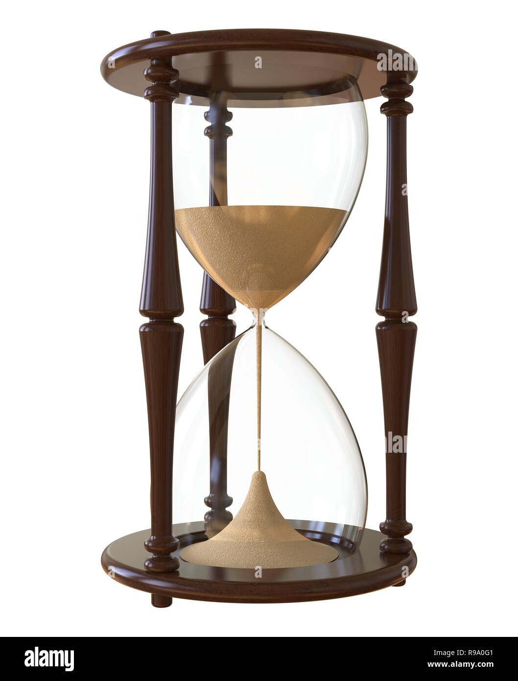 3d illustration hourglass with wooden top and bottom parts isolated on ...