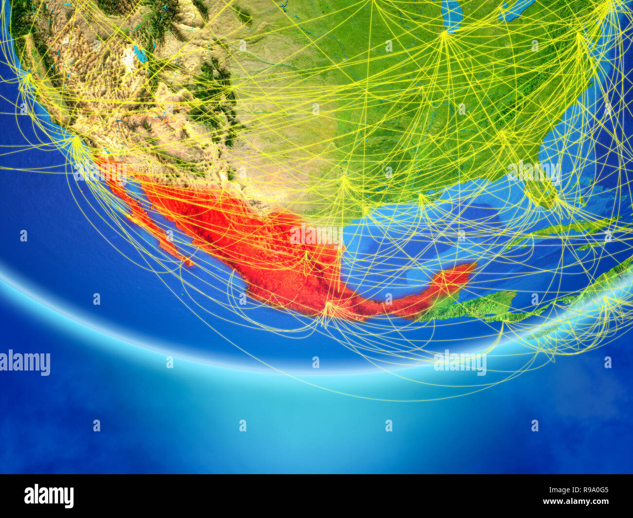 Mexico on model of planet Earth with network representing travel and ...