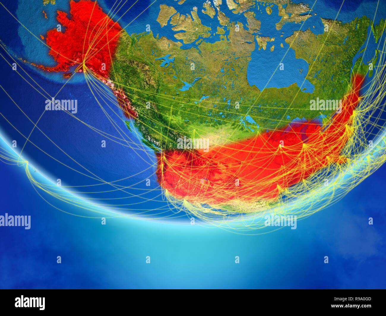USA on model of planet Earth with network representing travel and ...