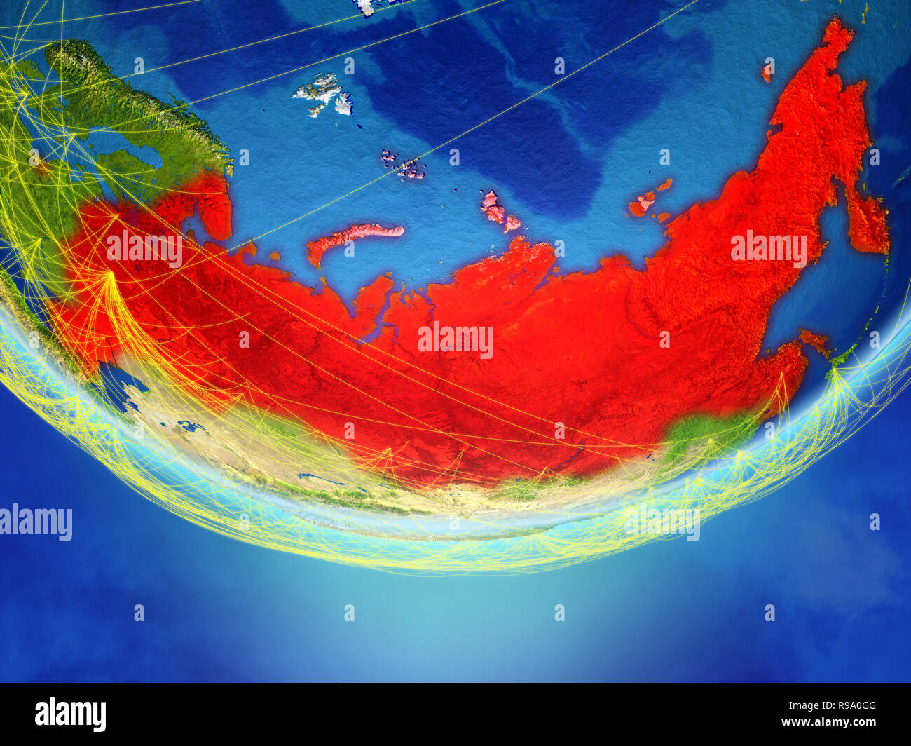 Russia on model of planet Earth with network representing travel and ...